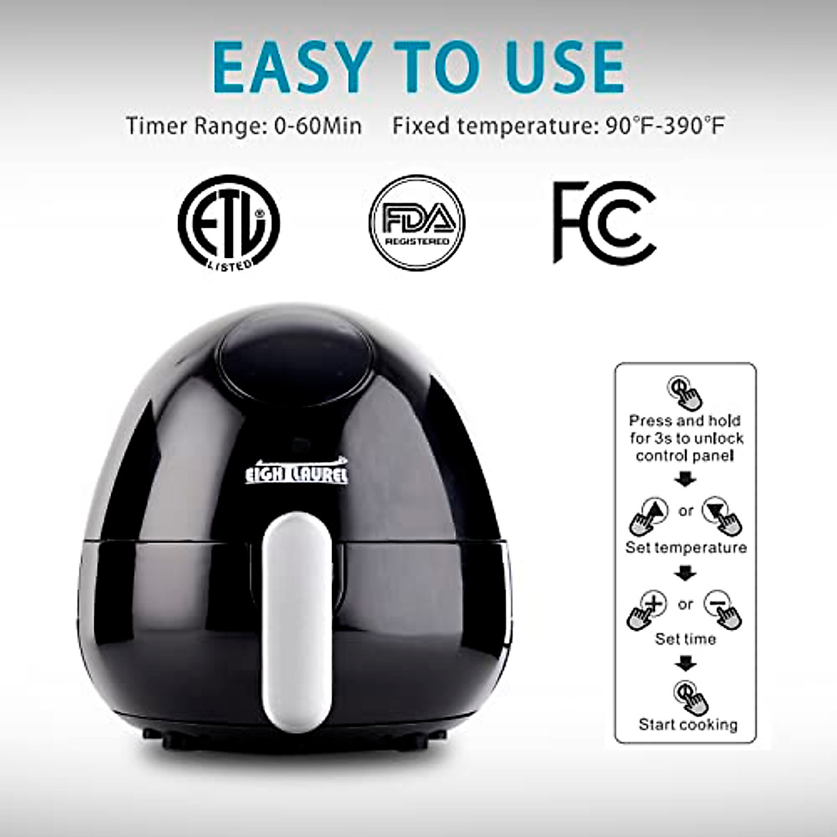 Mini Air Fryer, 700-Watt Airfryer Compact Oilless Small Oven with Basket, 1.64 Quart Capacity 90°F- 390°F Temperature Controls and a High Gloss Finish for Cooks, Crisps, Roasts, Bakes, Reheats and Dehydrates, Black