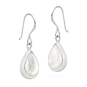AeraVida Elegant Teardrop White Mother of Pearl Inlay Sterling Silver Dangle Earrings