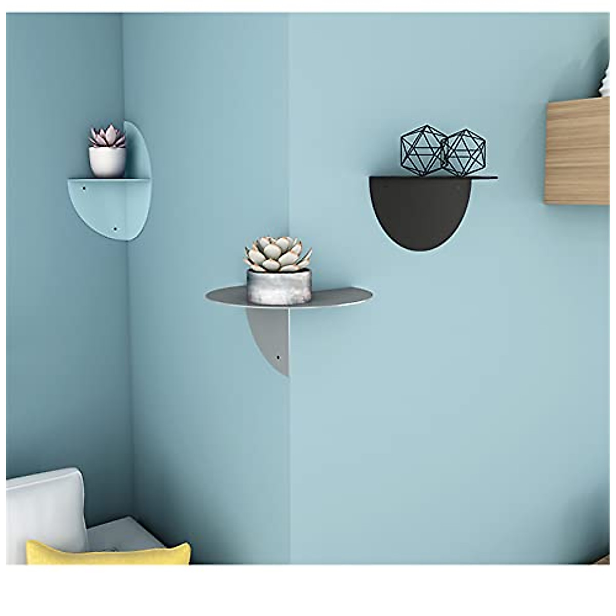 QUYONG Craft Floating Corner Shelf, European Background Metal Wall Solid Iron Decoration ​Wall Hanging Storage Rack for Home Office Restaurant,Gray,B