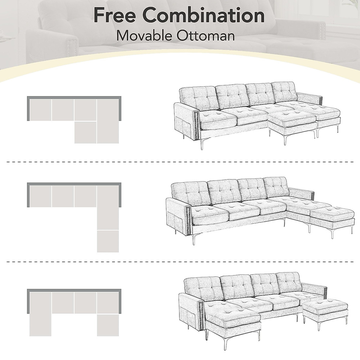 EMKK 110" Convertible Sectional Sofa Couch Furniture, 6 Seat Sofa for Living Room L/U Shaped Modern Fabric UpholsteredModular Sofá Sleeper with Double Chaise & Memory Foam & Movable Ottoman