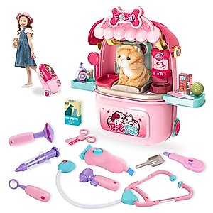 MAGIC4U Pet Cat Care Carrier Suitcase Toy, 29PCS Vet Clinic and Doctor Kit for Kids, Pet Kitty Grooming Feeding Toys, Veterinarian Pretend Play Set, Gifts for Boys and Girls Ages 3-12