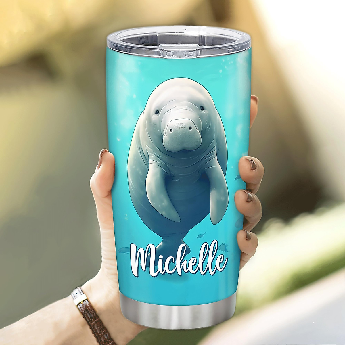 Hyturtle Personalized Gifts Manatee Lover - Save The Chubby Mermaids Customized Name Stainless Steel Tumbler 20 oz With Lid - Idea Cute Sea Animal Lover Gifts For Women, Girl On Birthday, Christmas
