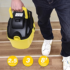 PRETEC Wet Dry Shop Vac, 2.5 Gallon Wet Dry Vacuum Cleaner, 3 Peak HP Small Shop Vac, 3 in 1 Portable Shop Vacuum with Nozzle, Filter, Vacuuming and Blowing, for Cleaning Floor, Upholstery, Gap, Car