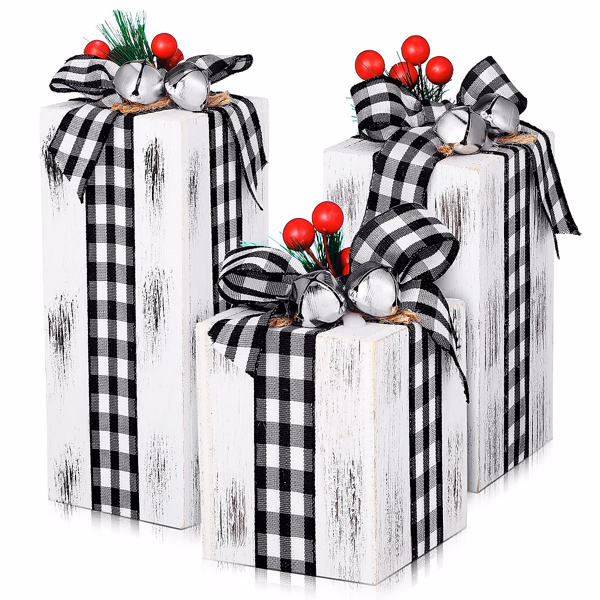 Amyhill 3 Pcs Christmas Wooden Gifts Box Decor Christmas White Black Plaid Presents Table Centerpieces Rustic Wooden Gifts Tiered Tray Decor with Buffalo Plaid Bowknot for Xmas Party Decor