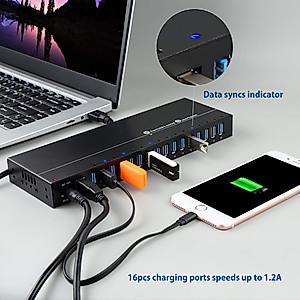 Powered USB Hub - UUSTK 16 Ports 120W USB 3.0 Data Hub - with Mounting Bracket and 12V/10A Power Adapter USB Hub 3.0 Splitter for Laptop, PC, Computer