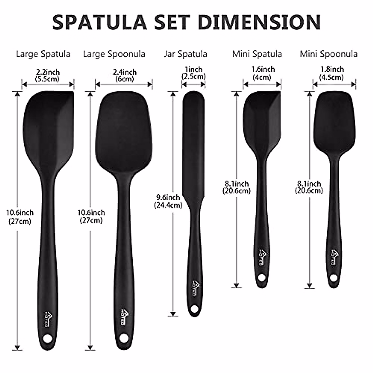 HOTEC Food Grade Silicone Rubber Spatula Set for Kitchen Baking, Cooking, and Mixing High Heat Resistant Non Stick Dishwasher Safe BPA-Free Black Set of 5