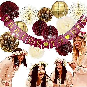 Fall Bridal Shower Decorations Burgundy Gold/Bachelorette Party Decorations Maroon Gold/Fall Wedding Decorations Burgundy Polka Dot Fans Bride To Be Banner for Burgundy Wedding