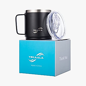 TEKAALA Stainless Steel Coffee Mug, Dishwasher safe,14 Oz Double Wall Vacuum Insulated, Durable Black PPG powder Coating, Travel Thermal Cup with lid and handle