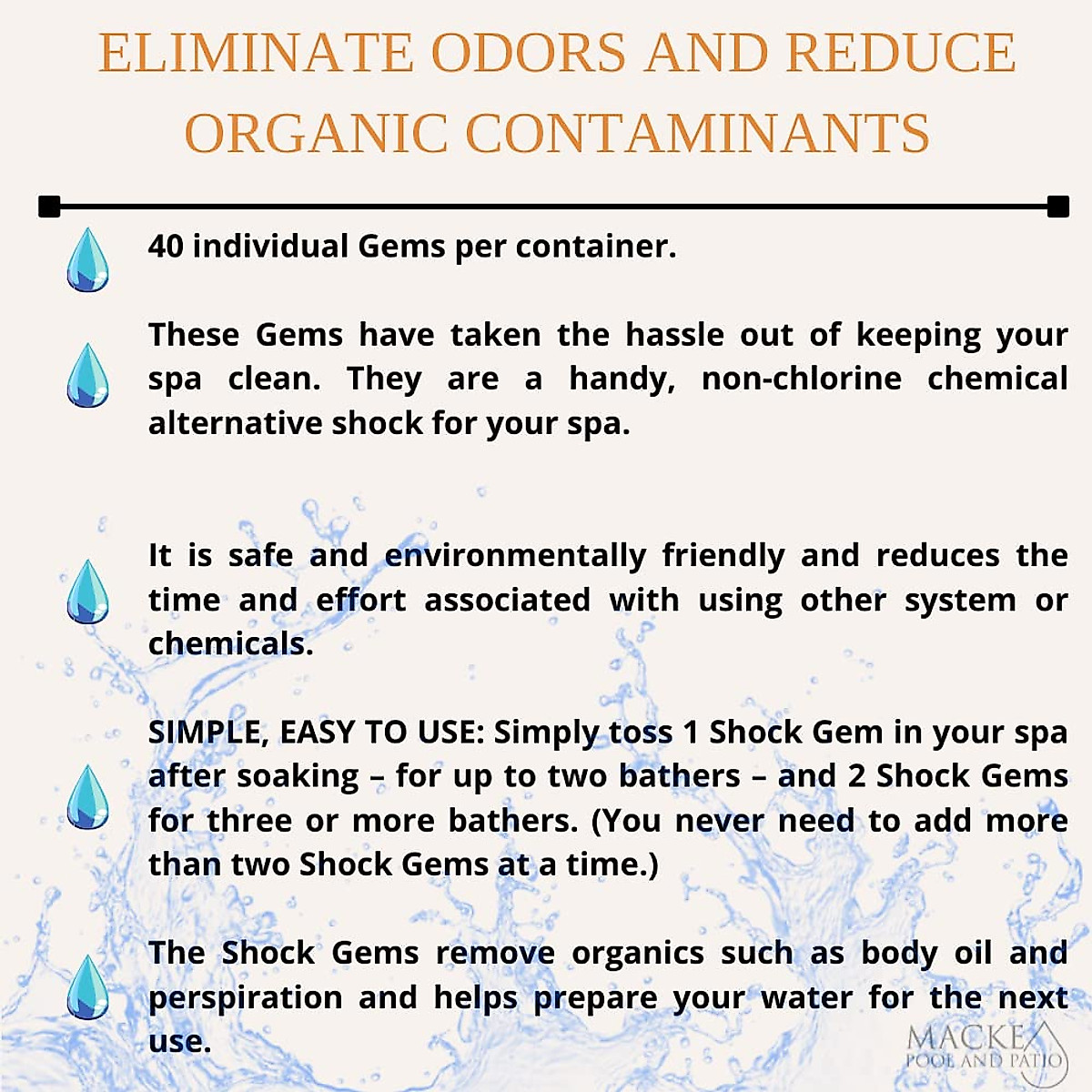 Macke Pool & Patio Silk Balance Shock Gems, Shock Oxidizer, for spas, hot tubs, Swim spas, 40 gems per Container, eliminates Odors, Reduces contaminates, silkbalance