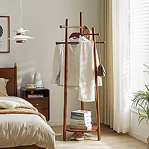 Aibiju Heavy Duty Coat Rack Freestanding,Wooden Coat Hanger Stand with Storage Shelf and 3 Crossbar, Coat Tree Easy to Assemble for Home Office Suits Jacket Hat Umbrellas Brown YD-1440