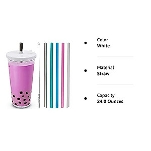Planet Boba 24 oz Reusable Boba Cup w 5 Bonus Straws | Smoothie Cup with Straw | Leakproof Bubble Tea Cup | Lids and Straw | Boba Cup Reusable | Insulated Boba Tumbler | Boba Tea Cup, White