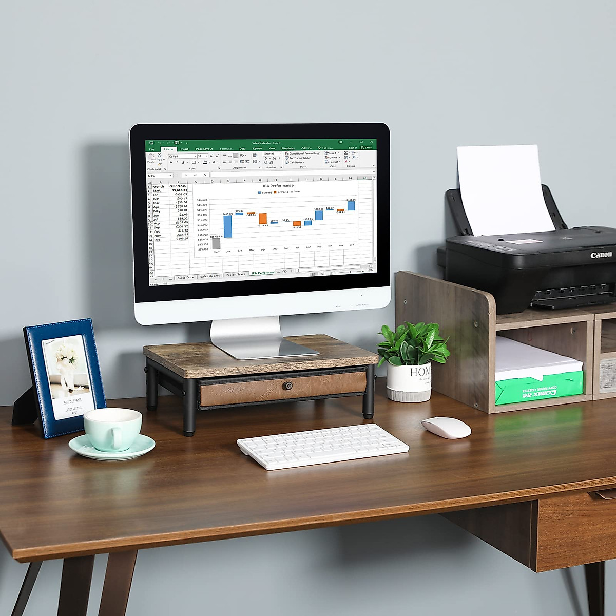 LUMAMU Wood Monitor Stand Riser with Drawer, 15.7x9.4 Inch Computer Monitor Stand for Desk, 3 Height Adjustable Desktop Stand with Storage for Computer Laptop PC iMac Printer