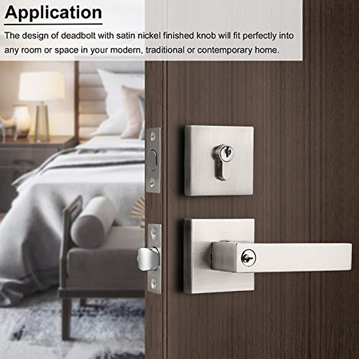 Entry Door Handle Set with Single Cylinder Deadbolts, Satin Nickel Finish Door Levers with Lock&Keys, Contemporary Modern Style Door Handleset Combo Pack, Keyed Alike per Set