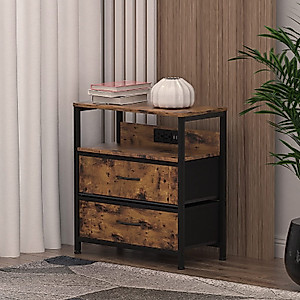 PONROL Rustic End Table with Charging Station & USB Ports, Entryway Narrow Side Sofa Table for Living Room, Nightstand with Fabric Drawer Storage Shelf for Bedroom, 23”L*11”W*25”H, Brown