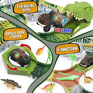 Dinosaur Toys Race Track,174pcs Flexible Track Set with 2 Dino Cars,Create a Dinosaur World Road Race,Include 8 Dinosaur Figurines,Jumbo Dinosaur Head,Dino Door & Bridge for Kids Toddlers Boys Girls
