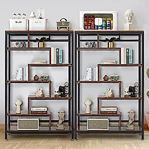 JOMEED 7-Tier Industrial Bookshelf for Bedroom,Large Etagere Bookcase Open Display Shelves with Metal Frame for Living Room Home Office，Asymmetrically Designed