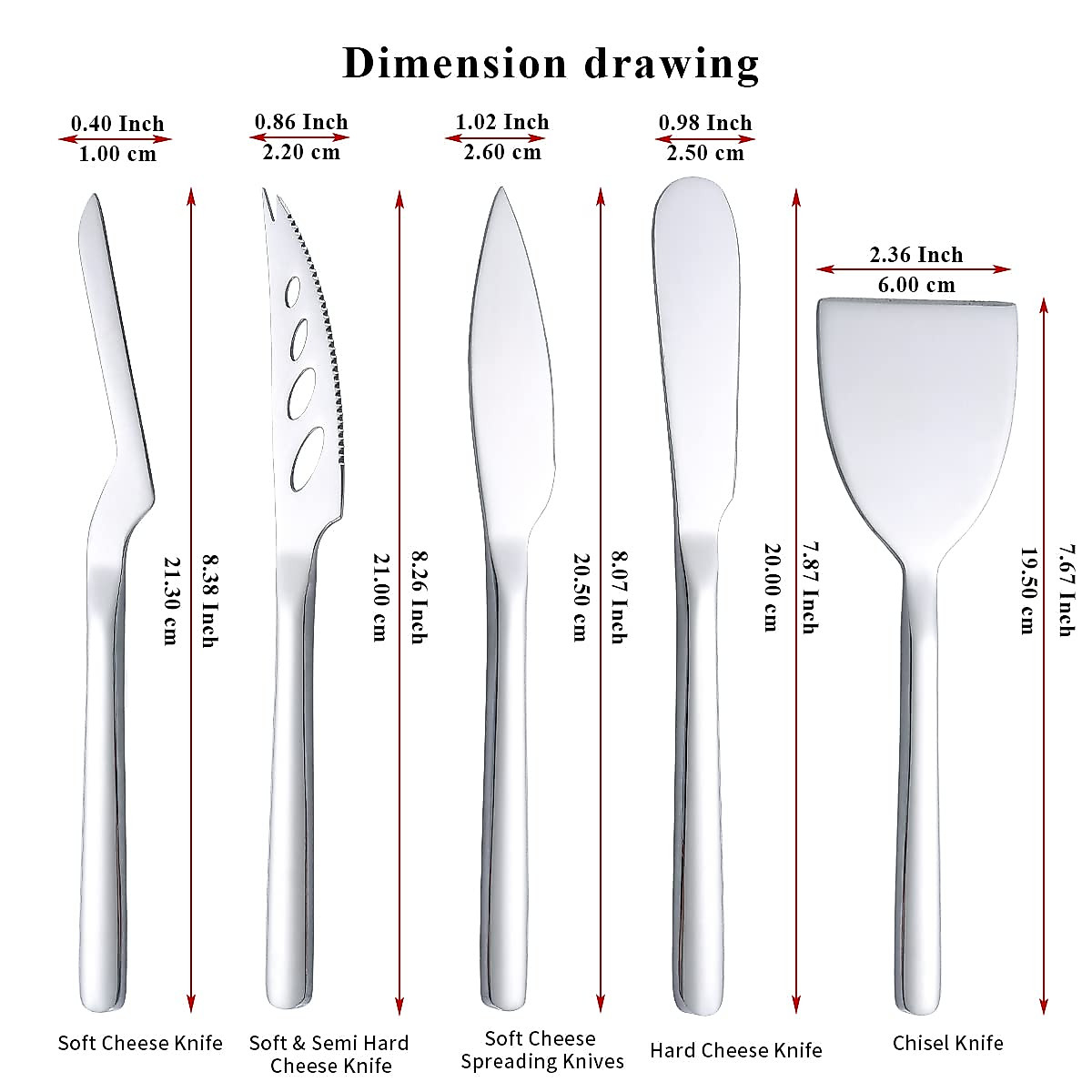 Berglander Cheese Knife Set of 5 for All Types of Cheese, Stainless Steel Cheese Cutter Slicer Ergonomic Design for Confortable Grip and Cut, Butter Spreader Knife