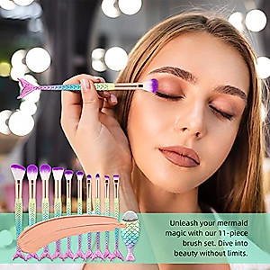Makeup Brush Set 11pcs, Premium Synthetic Mermaid Make Up Brushes for Blush Highlight Concealer Fan Cute Cosmetic Brushes Collection