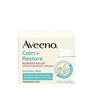 Aveeno Calm + Restore Redness Relief Moisturizing Cream, Daily Facial Cream for Sensitive Skin Instantly Calms & Soothes the Appearance of Redness, Fragrance-Free & Hypoallergenic, 1.7 oz