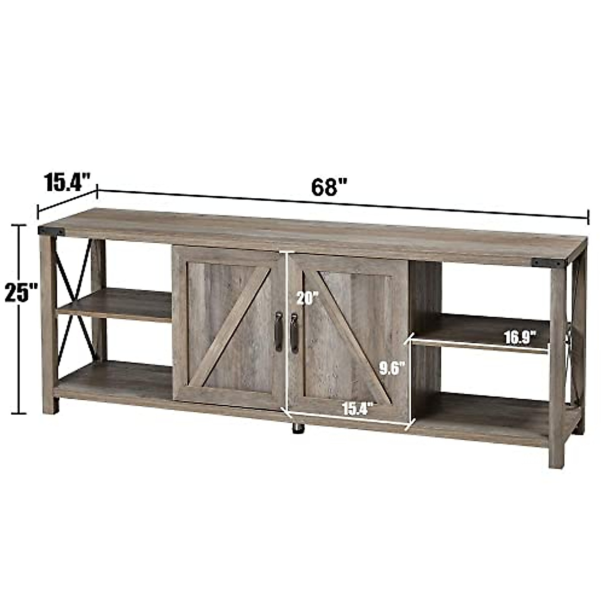 AMERLIFE Industrial Farmhous 68" TV Stand for TVs up to 70" & Set of 2 Industrial Metal X Back Bookshelf, 64", Rustic Wash Grey