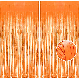 Foil Fringe Curtains Halloweens Party Decorations - Orange Tinsel Photo Backdrop Metallic Streamers for Birthdays, Fall, Pumpkin Theme, Thanksgiving, Basketball Party Decorations
