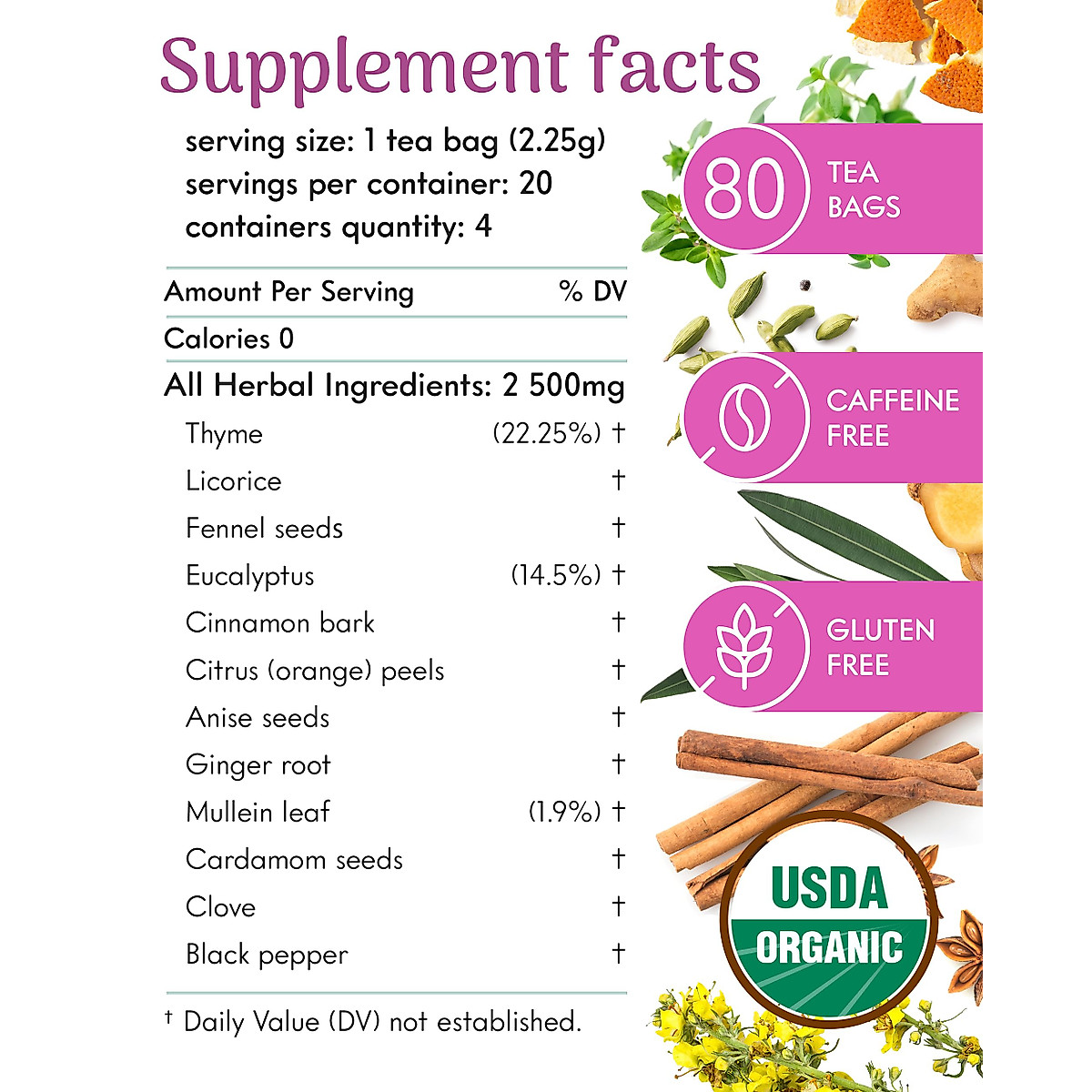 Adanim Bio Eucalyptus Thyme & Mullein Leaf Tea Bags - Organic Gourmet De-Congest Lung Health Respiratory Support Herbal Teas Blend (Pack of 4) Best Breathe Deep