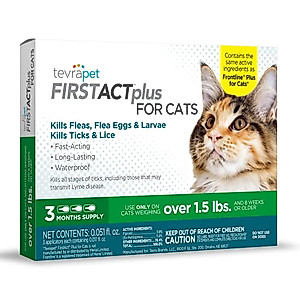 TevraPet FirstAct Plus Flea and Tick Topical for Cats over 1.5lbs, 3 Dose Flea and Tick Prevention. Waterproof Flea and Tick Control for 3 Months