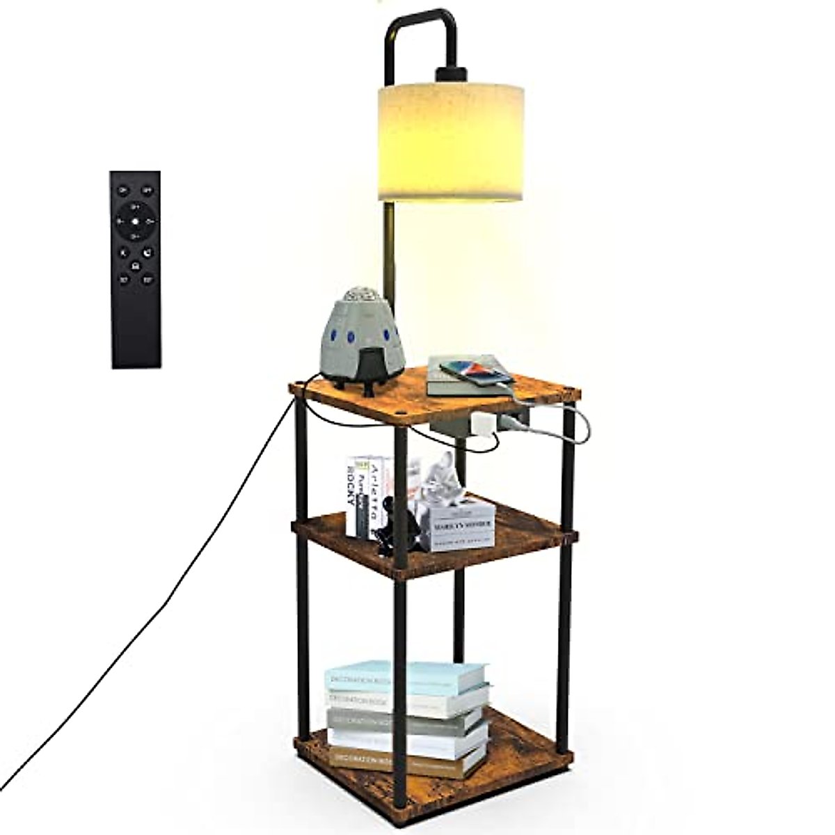 Hitish Floor Lamp with Table, Rustic End Table Lamp with USB Charging Port, Power Outlet & Shelves, Side Table Reading Light with Adjustable Color Temperatures & Brightness for Bedroom, Living Room