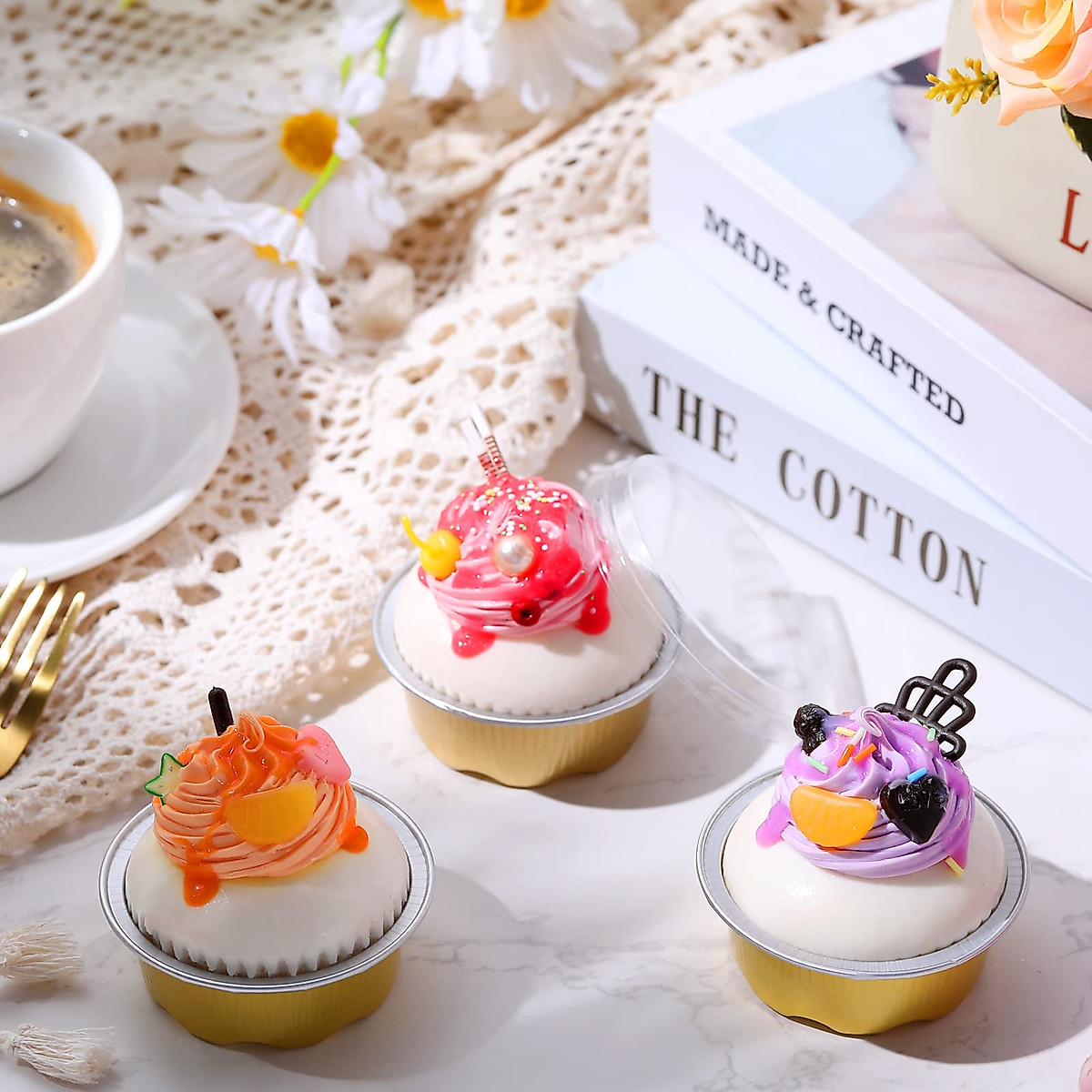 150 Pcs Baking Cups with Lids, 1.6 oz Muffin Cupcake Liners Aluminum Foil Mini Cake Pans Small Disposable Ramekins Flan Containers with Lids for Weddings, Birthday, Various Holiday (Gold)