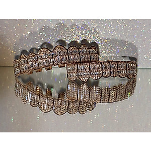 14k Rose Gold Baguette Joker Pink Grillz for Mouth Top Bottom Hip Hop Teeth Grills for Teeth Mouth Grillz for Mouth Top Bottom Hip Hop 8 Teeth Prong Set Cz Diamonds Grills for Tooth