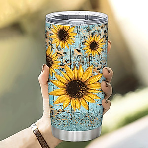 Hyturtle Personalized Gifts For Sunflower Lover - Sunflower Prints Custom Name Stainless Steel Tumbler 20oz With Lid - Idea Floral Lover Gifts For Women Girl On Birthday, Christmas