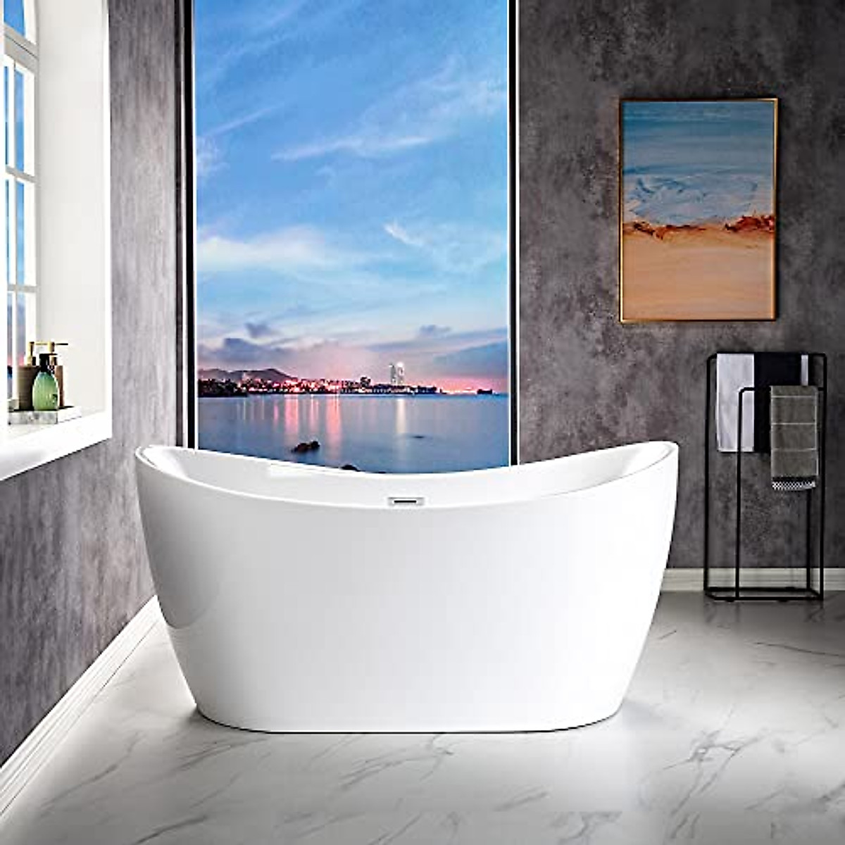 WOODBRIDGE 59" Acrylic Freestanding Bathtub Contemporary Soaking White Tub with Chrome Overflow and Drain，B0016 -C-Drain &O