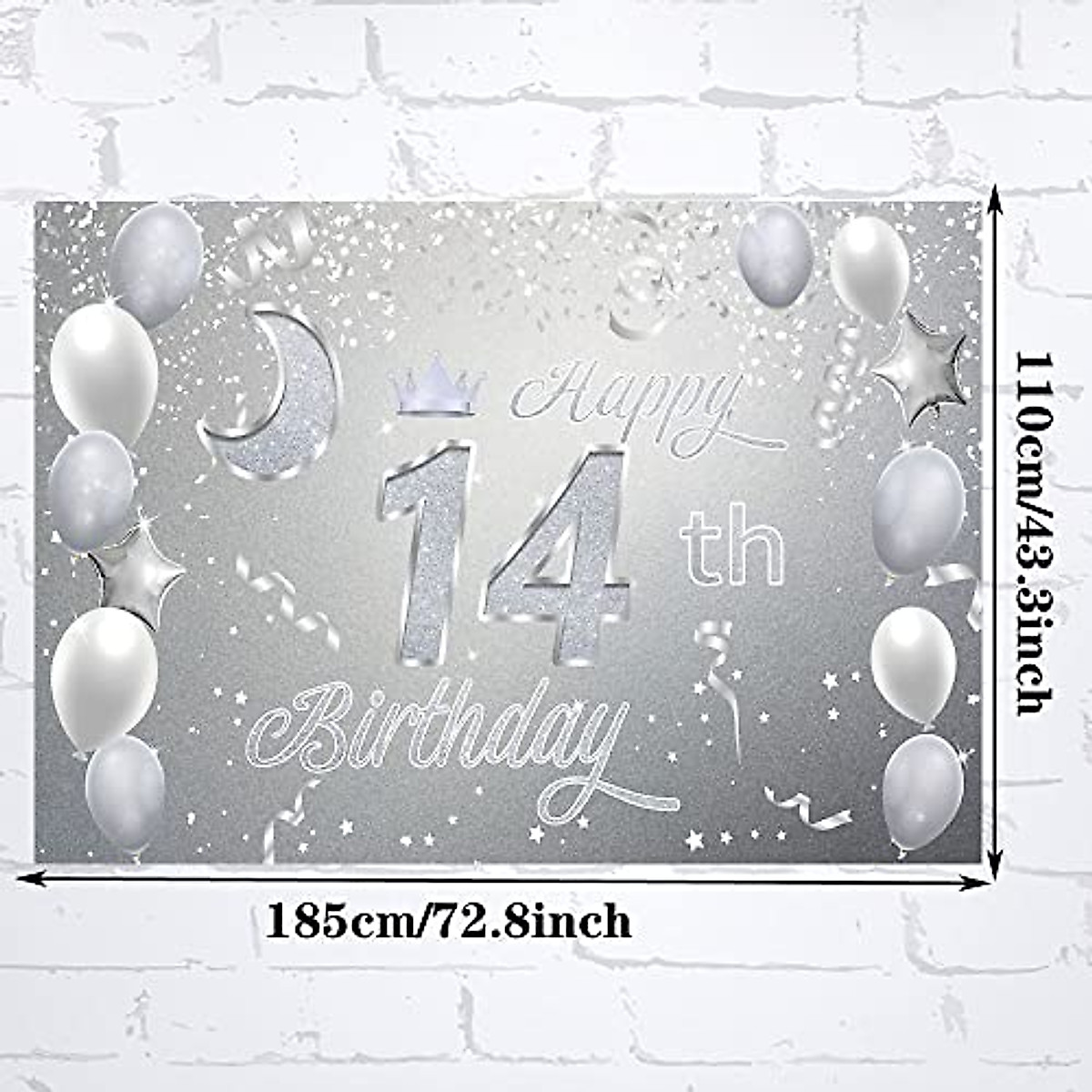 Sweet Happy 14th Birthday Backdrop Banner Poster 14 Birthday Party Decorations 14th Birthday Party Supplies 14th Photo Background for Girls,Boys,Women,Men - Silver 72.8 x 43.3 Inch