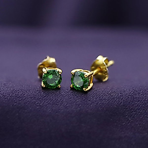 Simulated Green Emerald 4MM Round Shape Stud Earrings In 14K Yellow Gold Over Sterling Silver (0.5 Ct)