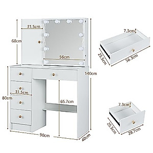 Makeup Vanity with LED Lighted Mirror, White Vanity Desk with Lights,Vanity Table with 5 Drawers and Cushioned Stool, Modern Makeup Vanity Dressing Table for Bedroom