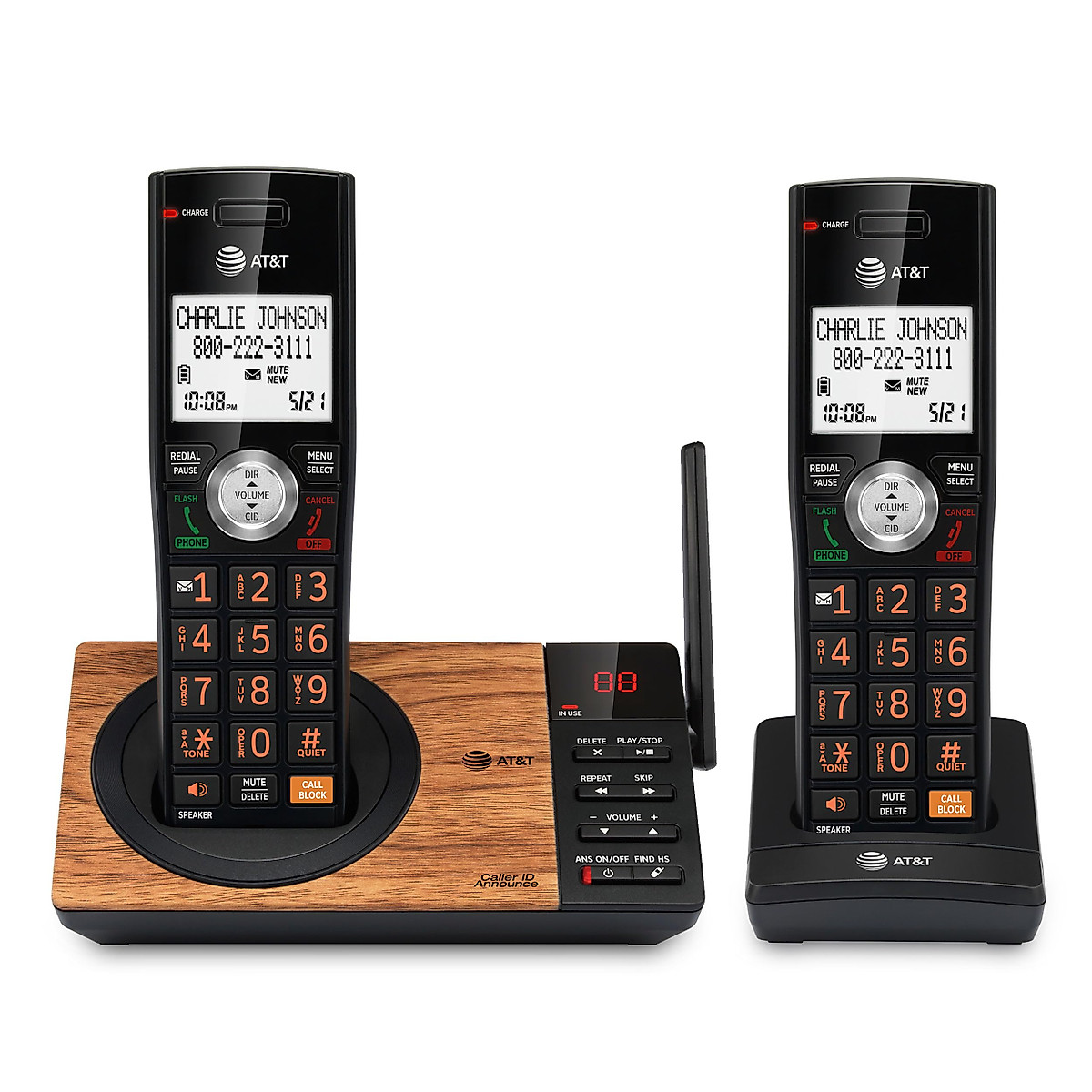 AT&T CL82267 DECT 6.0 2-Handset Cordless Phone for Home with Answering Machine, Call Blocking, Caller ID Announcer, Intercom and Long Range, Black & Wood Grain Finish