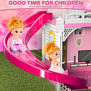 Doll House, Dream Doll House Furniture Pink Girl Toys, 2 Stories 3 Rooms Dollhouse with 2 Princesses Slide Accessories, Toddler Playhouse Gift for for 3 4 5 6 7 8 9 10 Year Old Girls Toys
