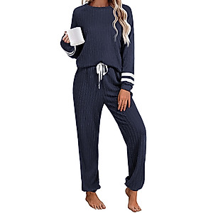 Ekouaer Lounge Sets for Women Ribbed Knit Outfits Pajamas Sets 2 Piece Long Sleeve Sweatsuits with Pockets Blue XL
