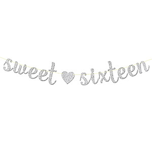 Silver Glitter Sweet Sixteen Banner - Happy 16th Birthday Banner - 16th Birthday Party Decorations for Girls - Sixteen Years Old Decorations