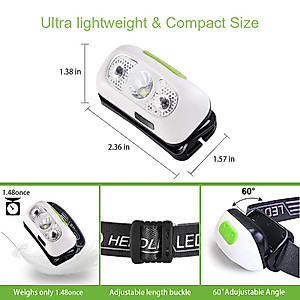 Hoxida Rechargeable LED Headlamp - 500 Lumen Super Bright, 1.48 Ounce Lightweight, IPX7 Waterproof, Long Lasting, USB Rechargeable, 60 Degree Adjustable Beam, Sensor Modes, Hand-Free, Green