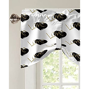 Tie-Up Valance Curtains for Window - Happy Valentine's Day Gold Love Black and White Heart Kitchen Valance - Light Filtering Valance Curtains Short Curtains with Adjustable Tie 42"x12"