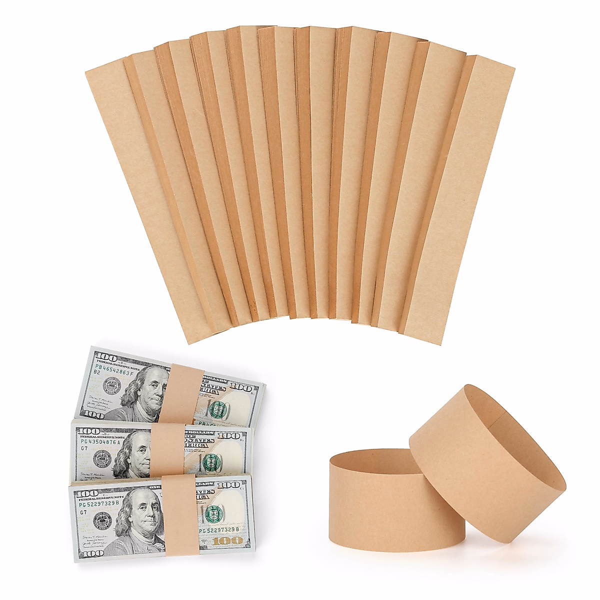 Money Bands 550 Pack Blank Natural Kraft Brown Cash Bands Self Adhesive Currency Straps for Bill Wrappers Cash Organizer