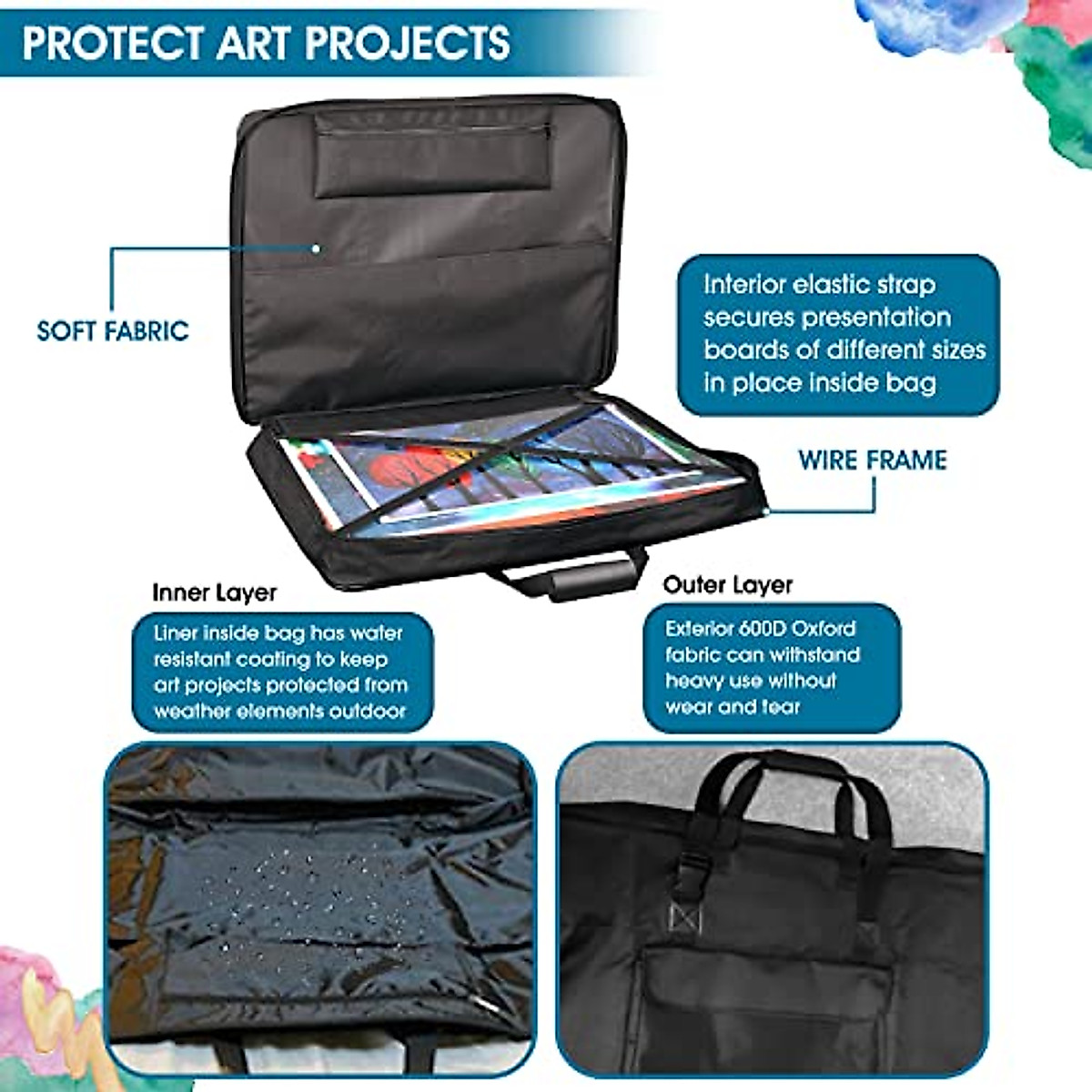 Art Portfolio Case 24 x 36 in. with 12 Color Pencil Set and Sharpener- Large Lightweight Art Portfolio Bag with Shoulder Strap and Handle - Artwork Storage Totes - Black Art folder Storage Bag