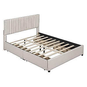 Upholstered Queen Size Platform Bed Frame with 4 Storage Drawers, Linen Fabric Upholstered Platform Bed Frame with Strong Wooden Slats Support/Classic Headboard/No Box Spring Needed (Beige, Queen)