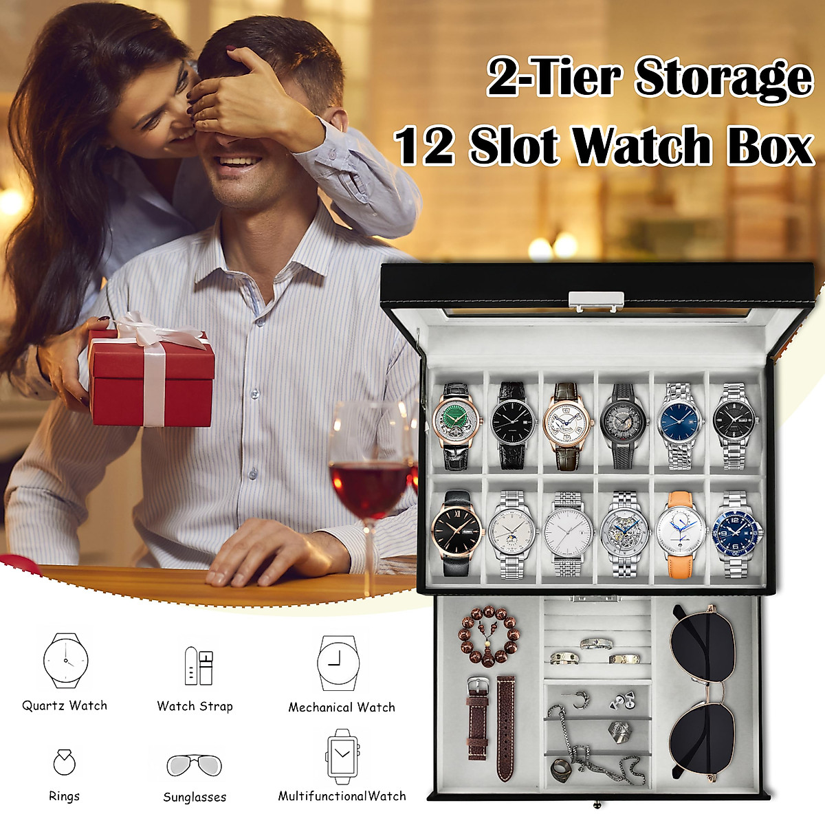 Ogrmar 12 Slot PU Leather Lockable Watch Storage Boxes, Men & Women Jewelry Display Drawer Case, 2-Tier Organizer Watch Showcase with Glass Lid