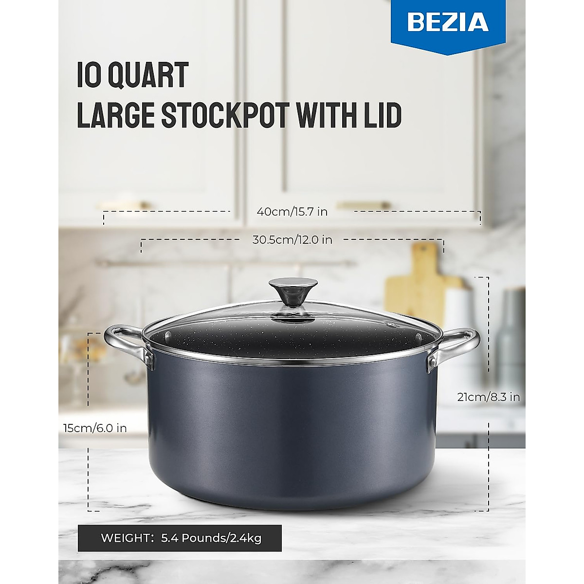 BEZIA 10 Quart Cooking Pot, Large Non Stick Induction Stock Pot with Lid, All Stove Compatible, 10 QT Aluminum Soup/Stew Pot For Large-batch Cooking, Grey