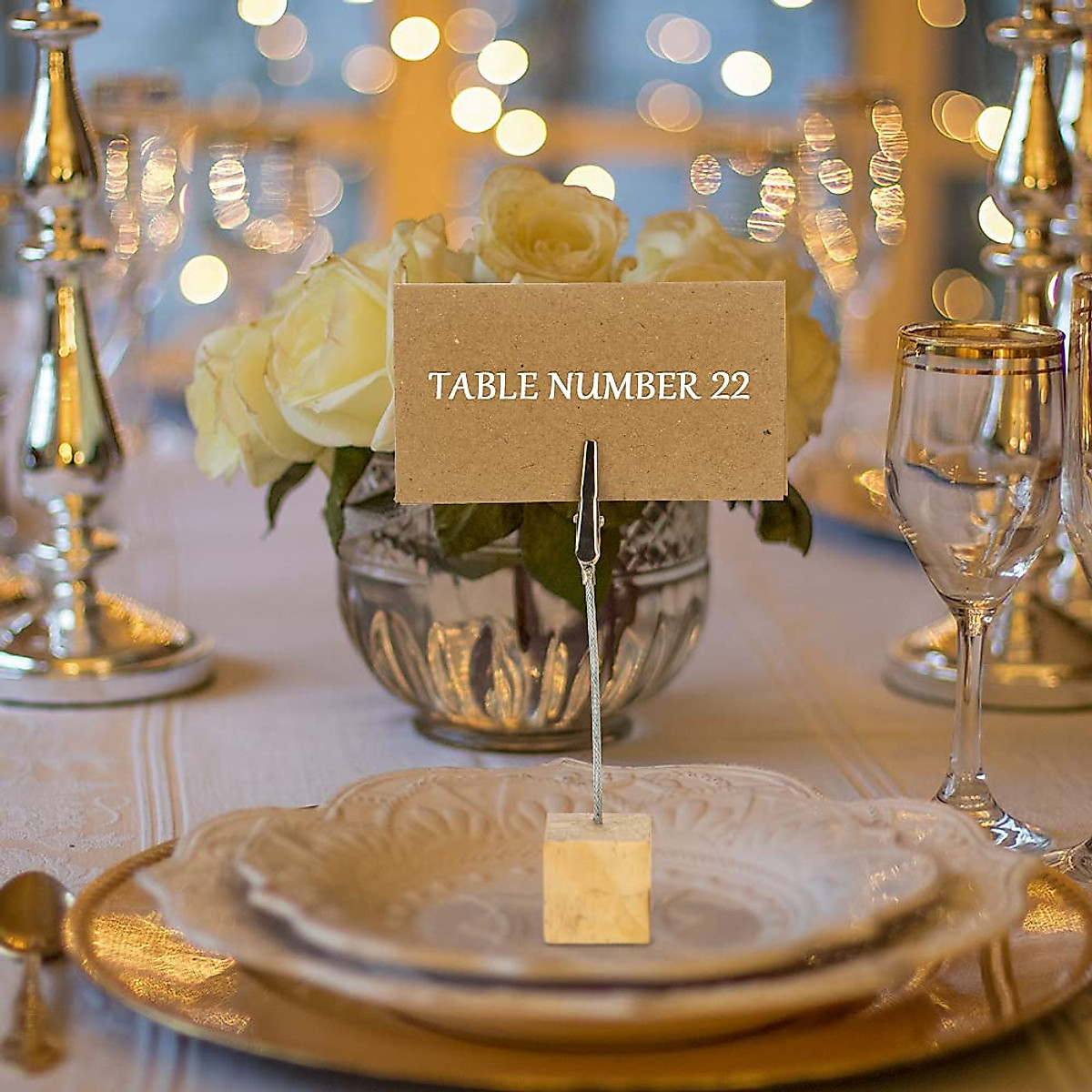 20 Pcs Rustic Wood Place Card Holders with Memo Clips and 30 Pcs Kraft Place Cards, Wooden Table Number Holder Stand Photo Picture Note Clip Holders for Wedding Party Name Sign - Cube Base