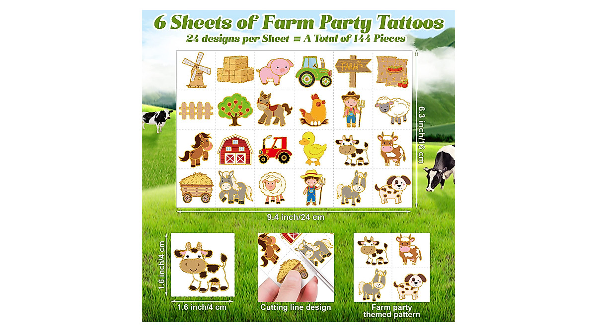 Fun Farm Party Tattoos - 144 Glitter Designs for Kids