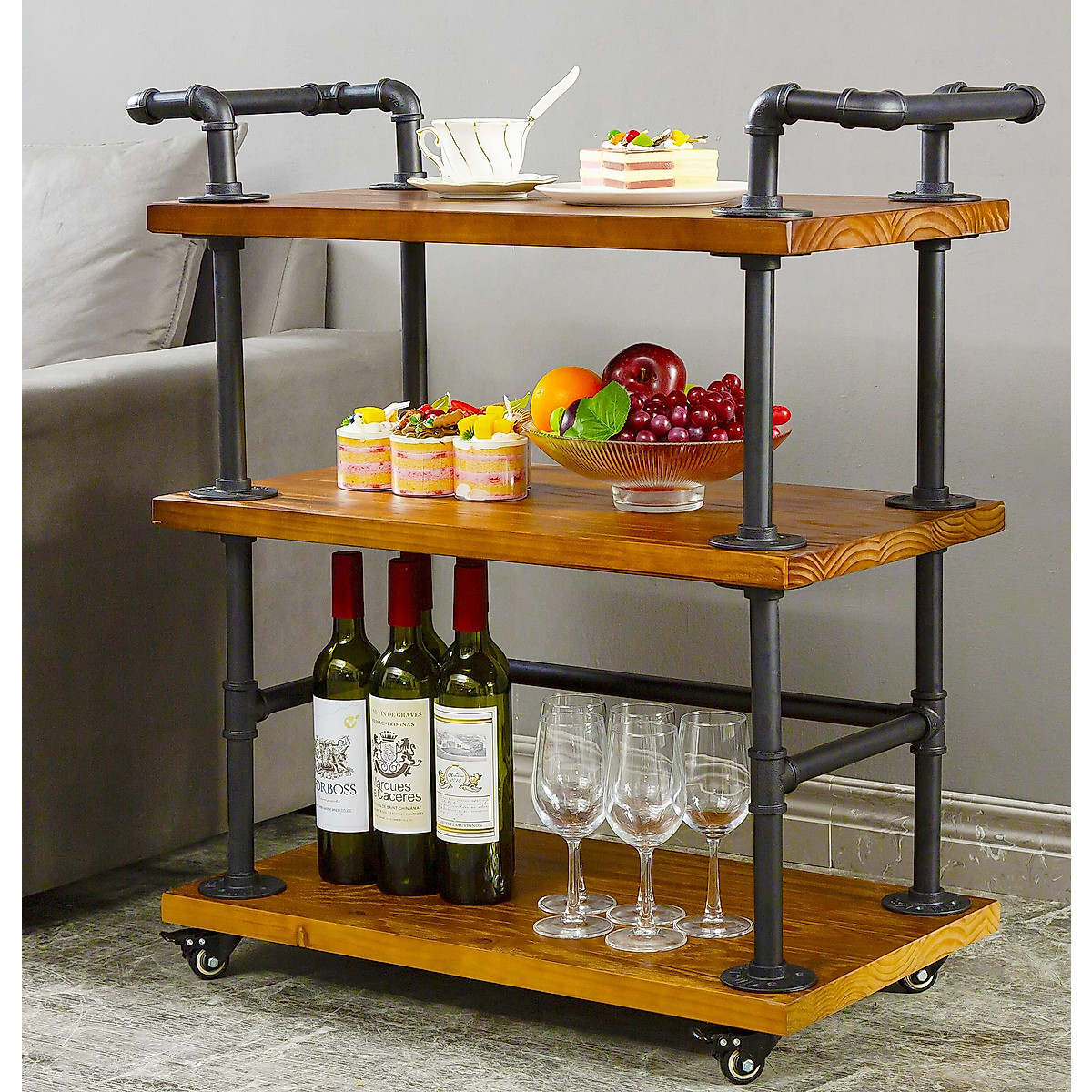 DOFURNILIM Industrial Bar Carts/Serving Carts/Kitchen Carts/Wine Rack Carts on Wheels with Storage - Industrial Rolling Carts - Wine Tea Liquor Shelves/Holder - Solid Wood and Metal Home Furniture