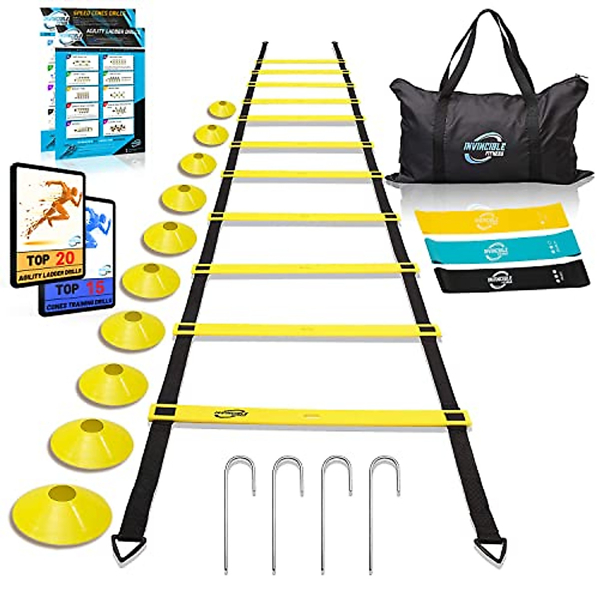 Invincible Fitness Agility Set - 10 Cones, 4 Hooks, 3 Resistance Bands & Bag - Improve Coordination, Speed, Power & Strength - Soccer, Football, Basketball, Tennis - for All Ages